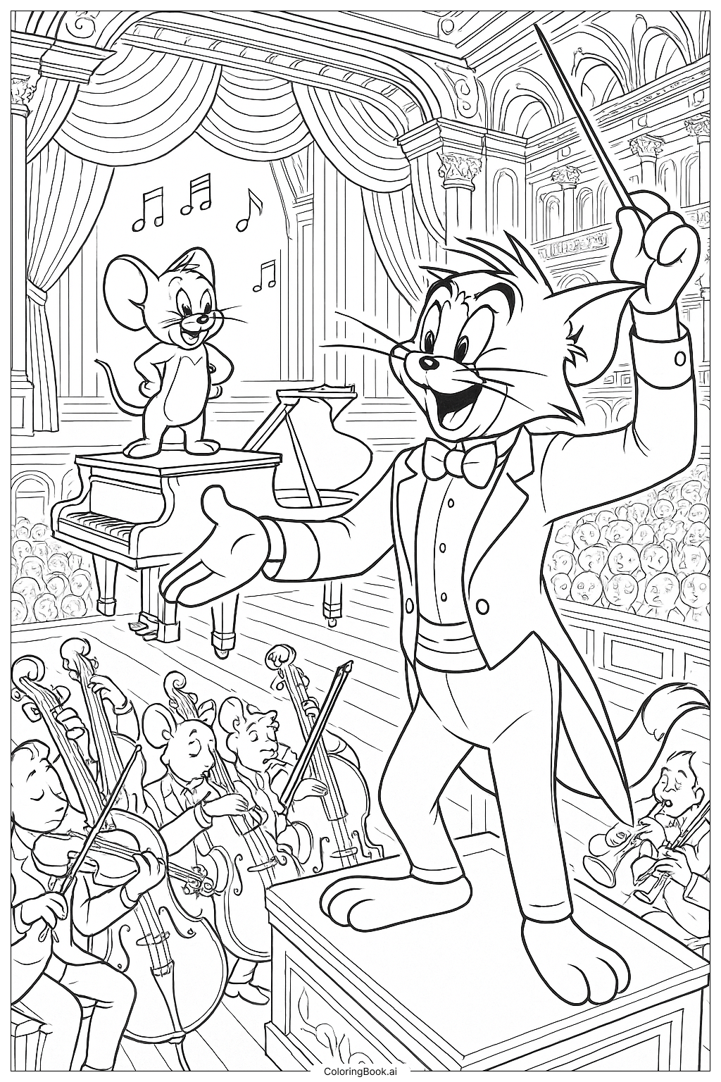 Tom Conducting An Orchestra For Jerry Coloring Page Free PDF PNG