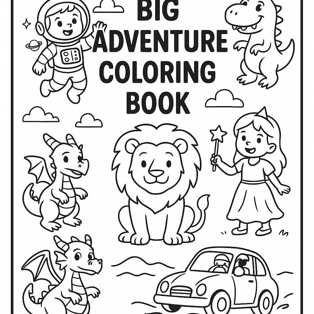 Coloring Page: Colorful Adventures: A Fun Scene with a Lion, Dinosaurs ...