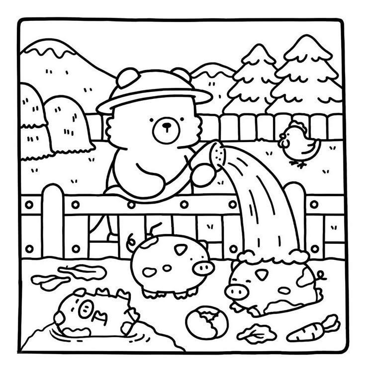 Coloring Page: A Fun Day on the Farm: Bear Bathing Piglets and Playful ...