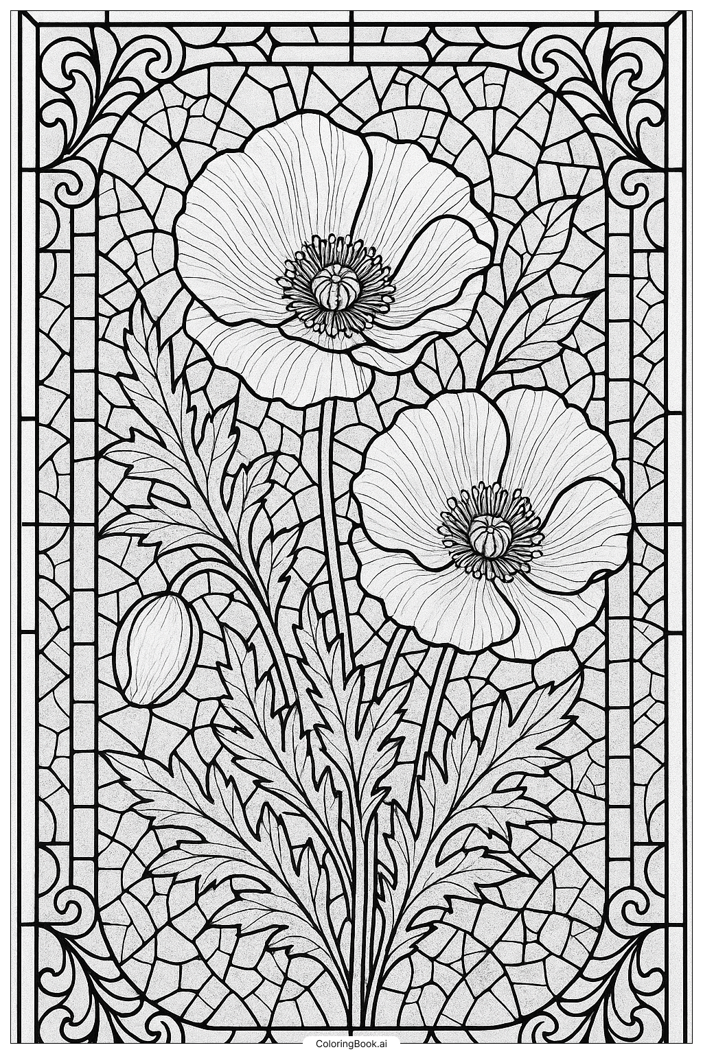两朵简单的罂粟花 填色页（免费 PDF&PNG 可打印）