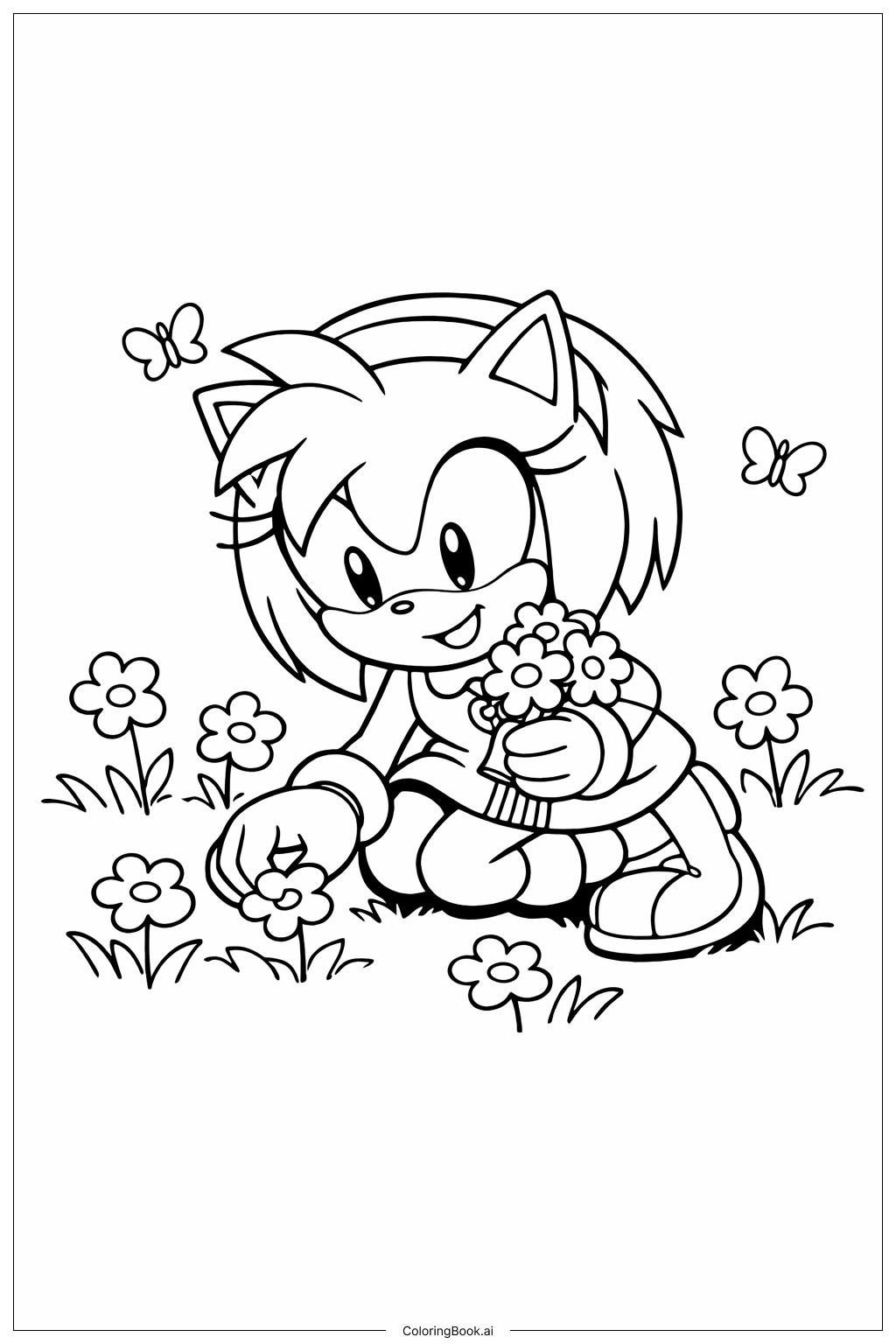 Amy From Sonic Picking Flowers Coloring Page (Free PDF&PNG Printable)
