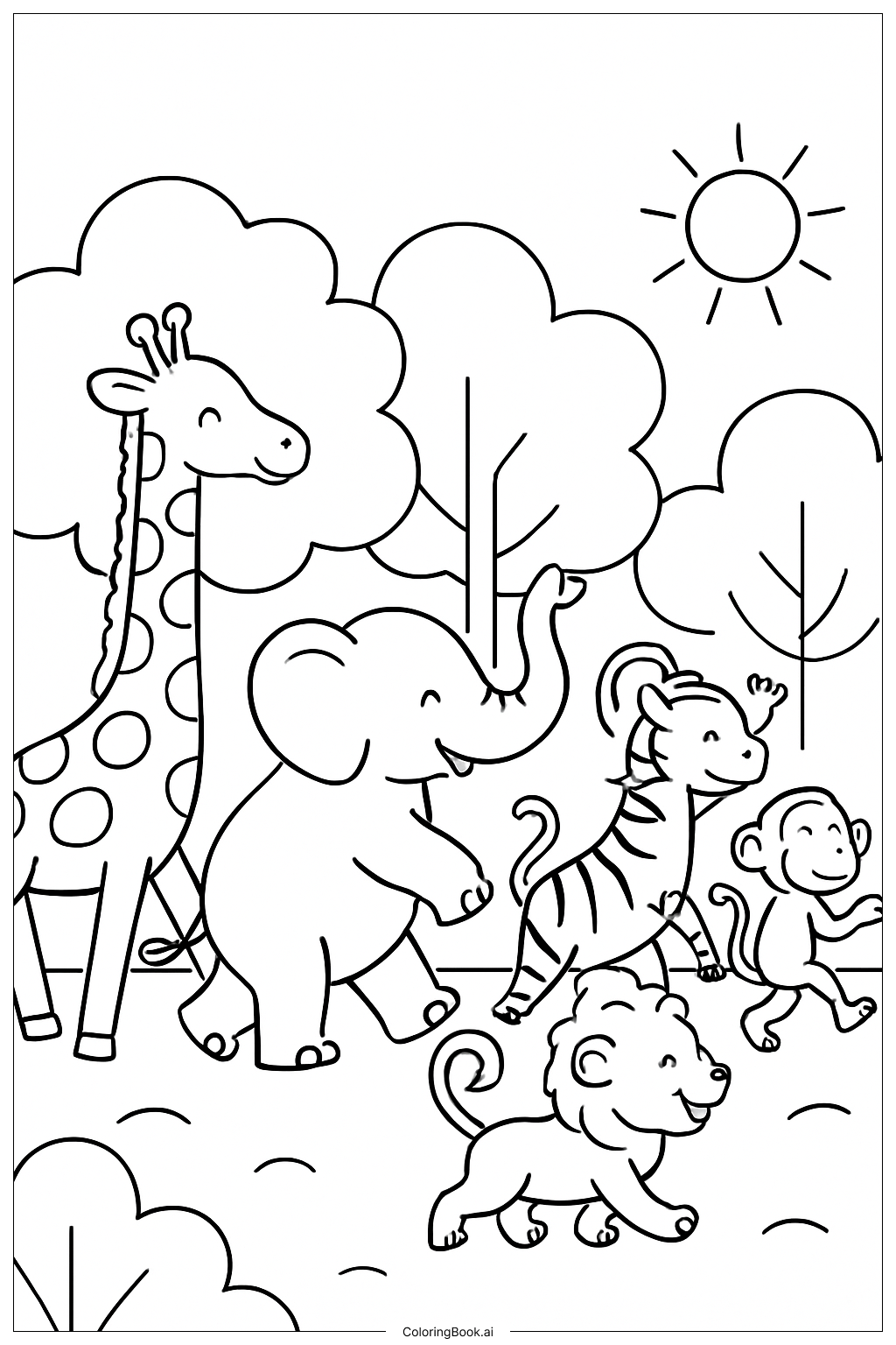 Página de Colorir Desfile da Selva dos Animais (PDF & PNG Imprimíveis ...