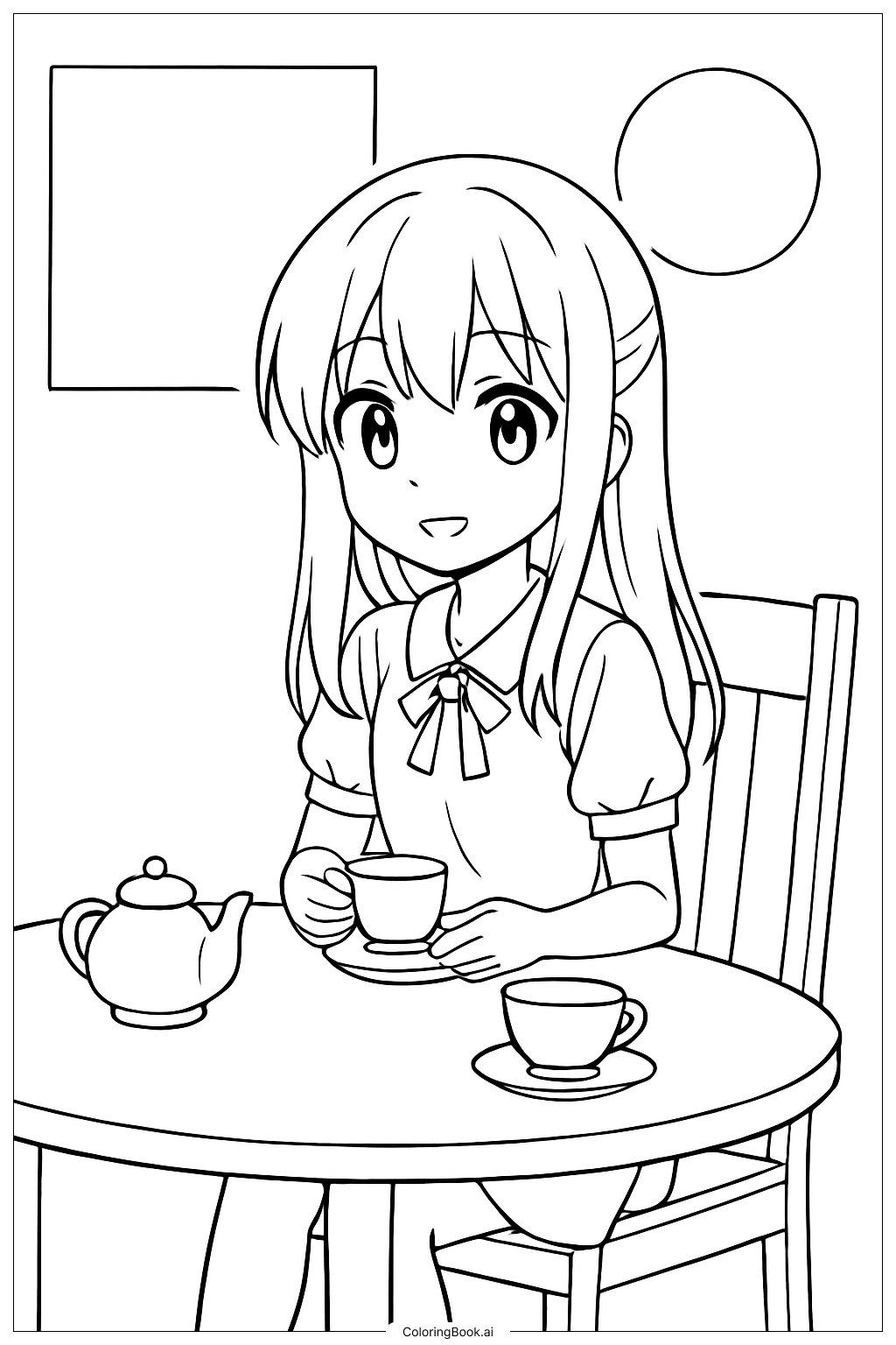 Anime Girl At Tea Party Coloring Page (Free PDF&PNG Printable)