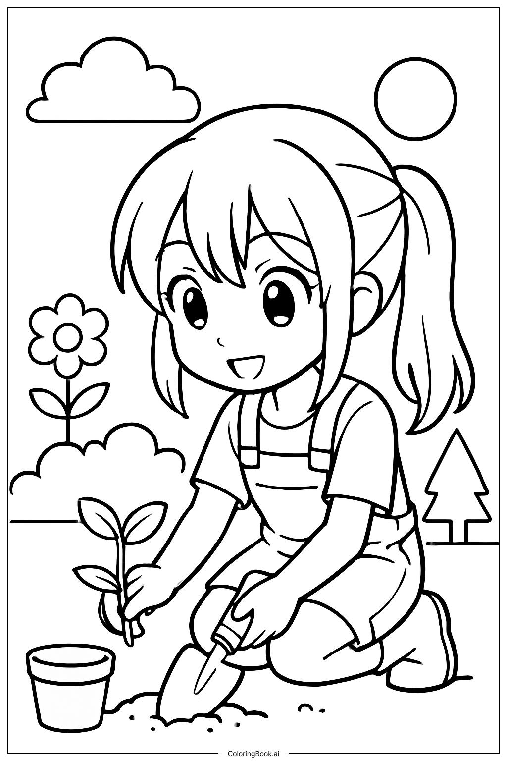 Anime Girl Gardening Coloring Page (Free PDF&PNG Printable)