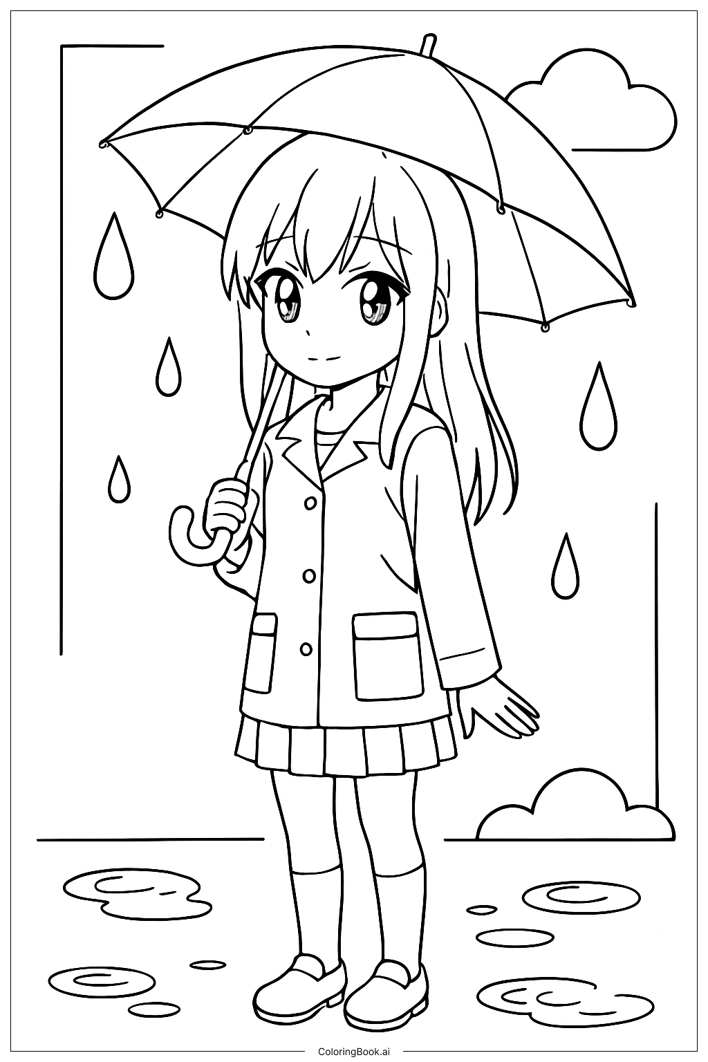 Anime Girl Holding Umbrella In Rain Coloring Page (Free PDF&PNG Printable)