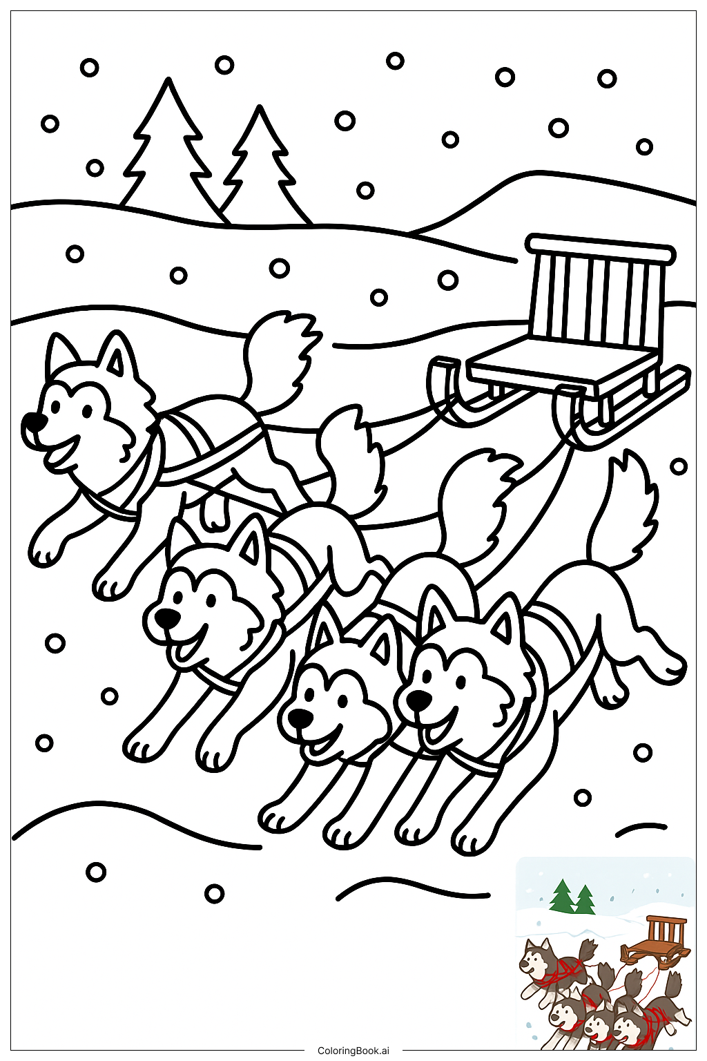 Sled Dogs Cartoon Coloring Pages Sled Dog Team Harnessed Coloring Page