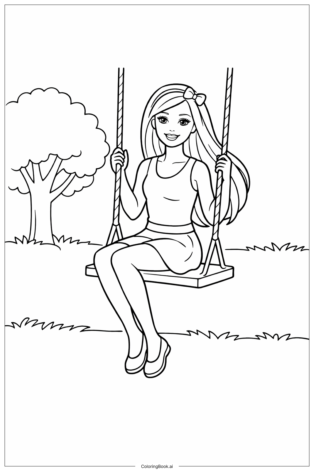 Barbie Doll On Swing Coloring Page (Free PDF&PNG Printable)