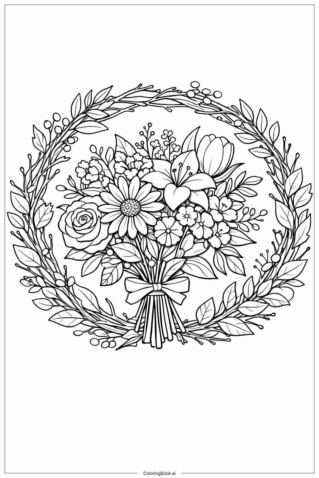 Bouquet Of Flowers On A Doorstep Coloring Page (Free PDF&PNG Printable)