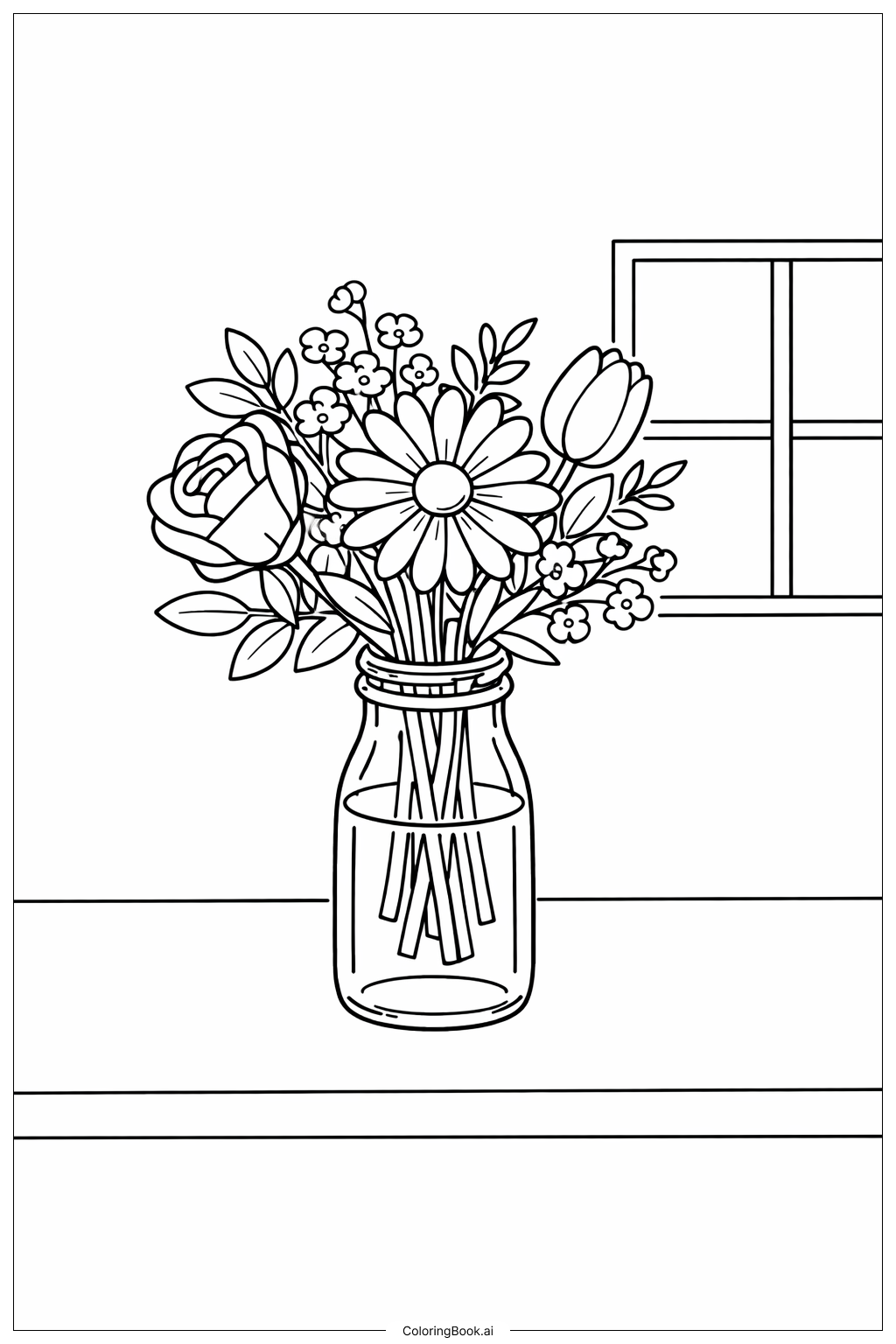 Bouquet Of Flowers In A Milk Bottle Coloring Page (Free PDF&PNG Printable)