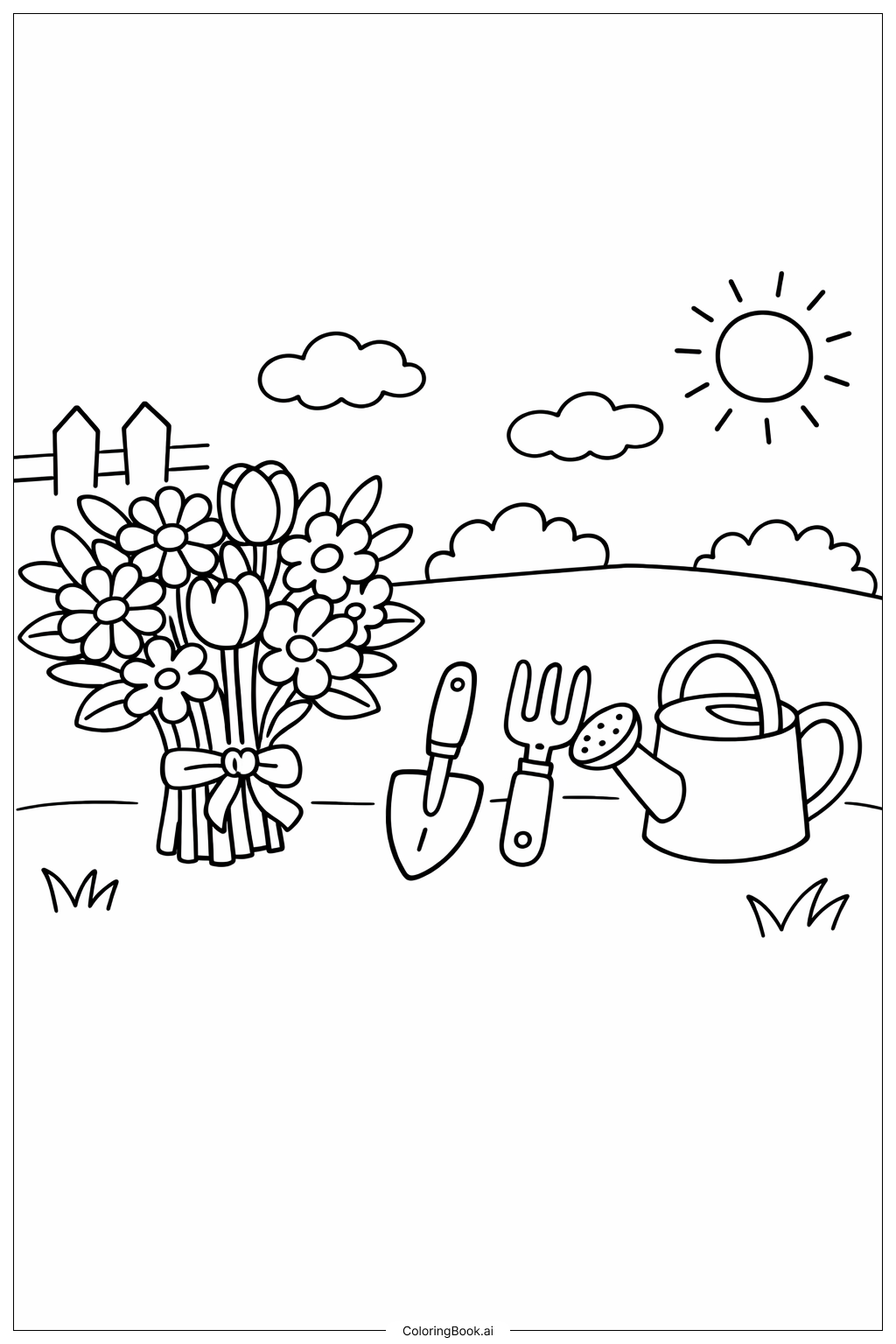 Bouquet Of Flowers With Garden Tools Coloring Page (Free PDF&PNG Printable)