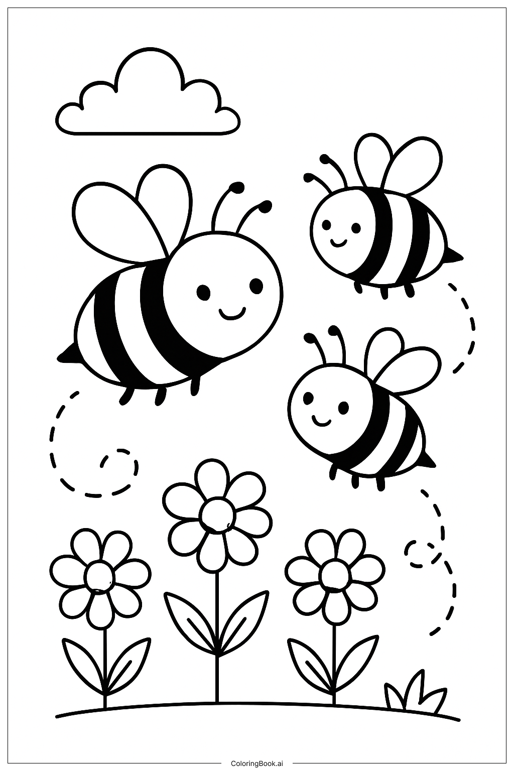 Bumblebee Family Among Flowers Coloring Page (Free PDF&PNG Printable)