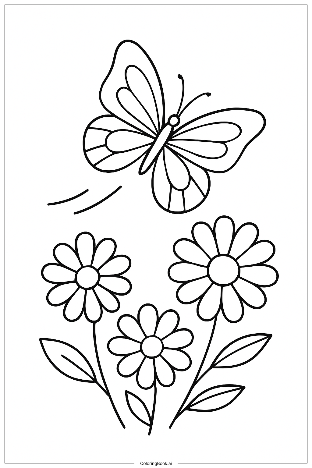 Butterfly And Flowers Coloring Page (Free PDF&PNG Printable)