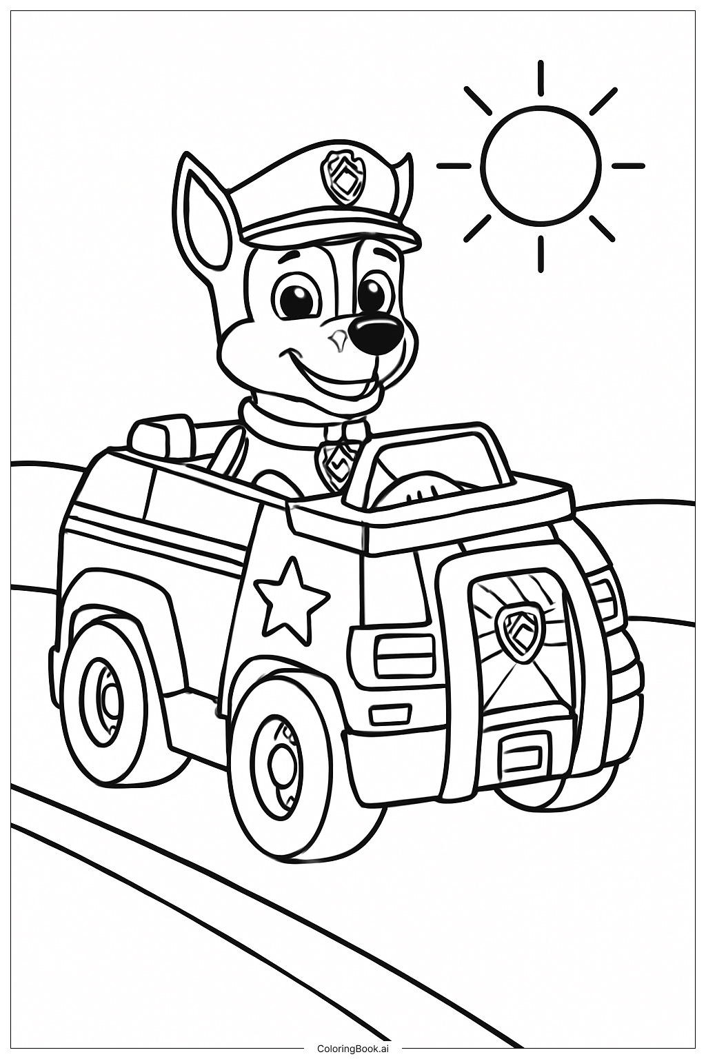 Página de Colorir Chase Paw Patrol Dirigindo Carro de Polícia (PDF ...