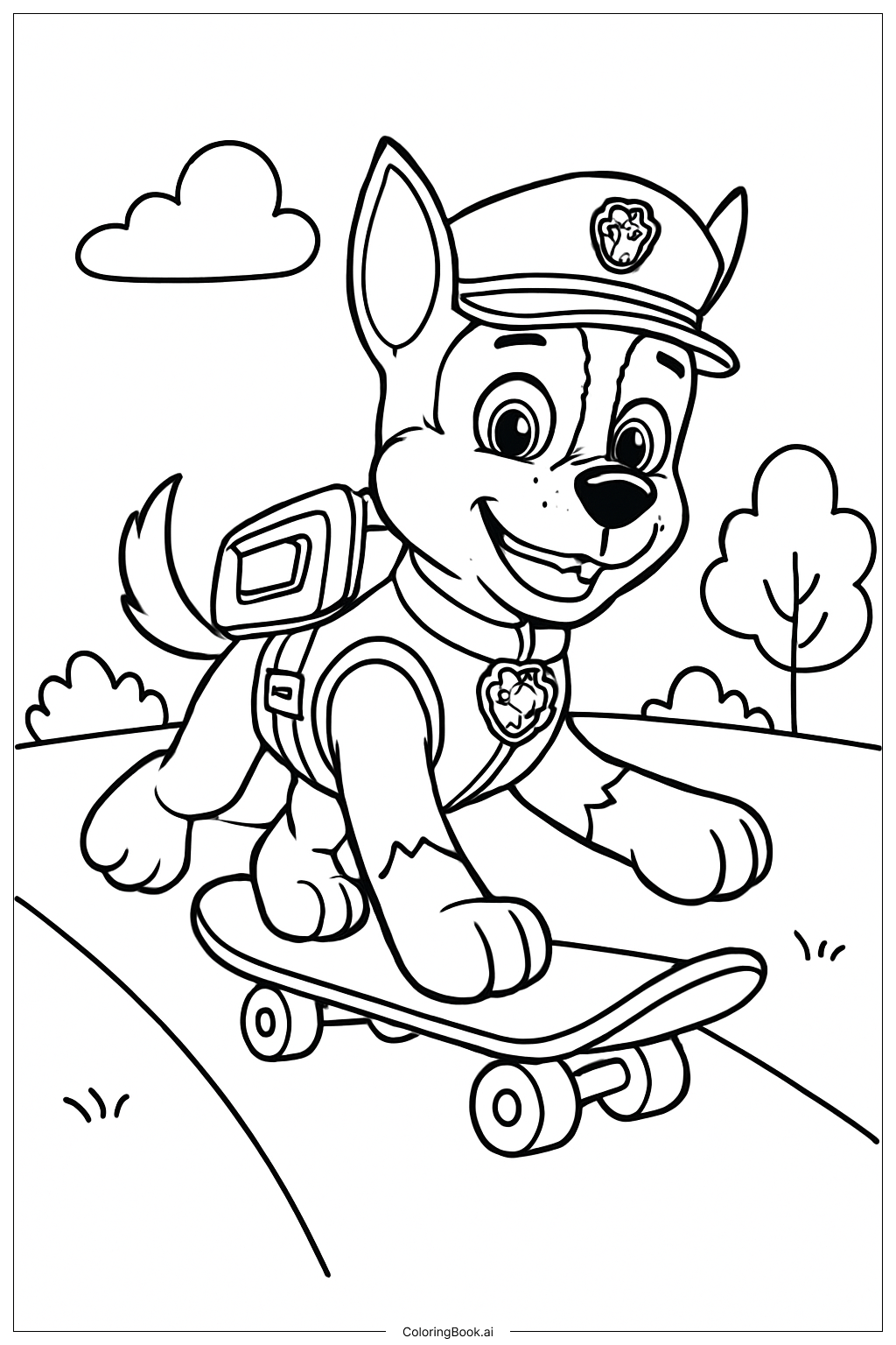 Chase Paw Patrol auf dem Skateboard Ausmalbild (Kostenloses PDF & PNG ...