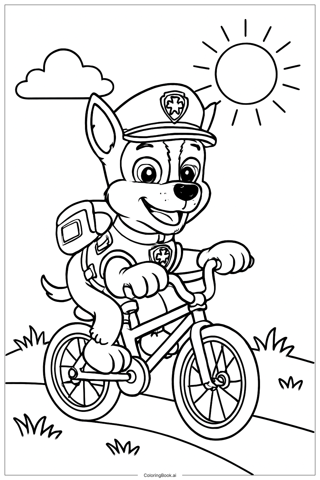 Chase 汪汪隊立大功 騎腳踏車 填色頁（免費 PDF&PNG 可列印）