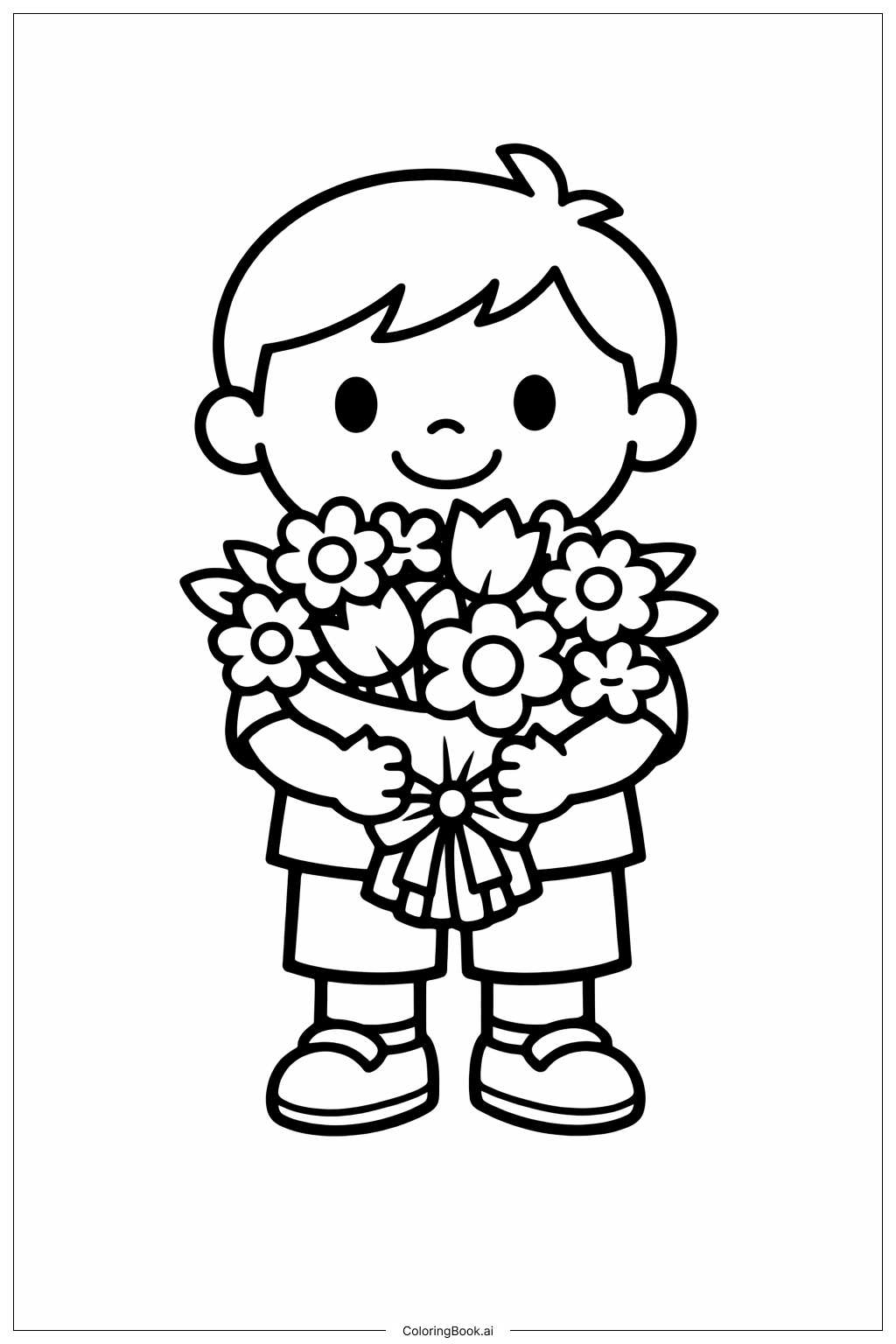 Kind hält Blumenstrauß Ausmalbild (Kostenloses PDF & PNG zum Ausdrucken)