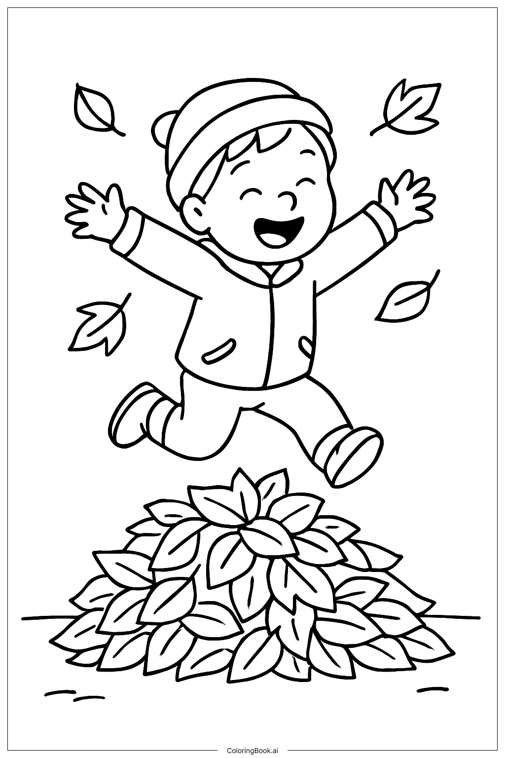 Page de coloriage Enfant sautant dans les feuilles d'automne (PDF & PNG ...