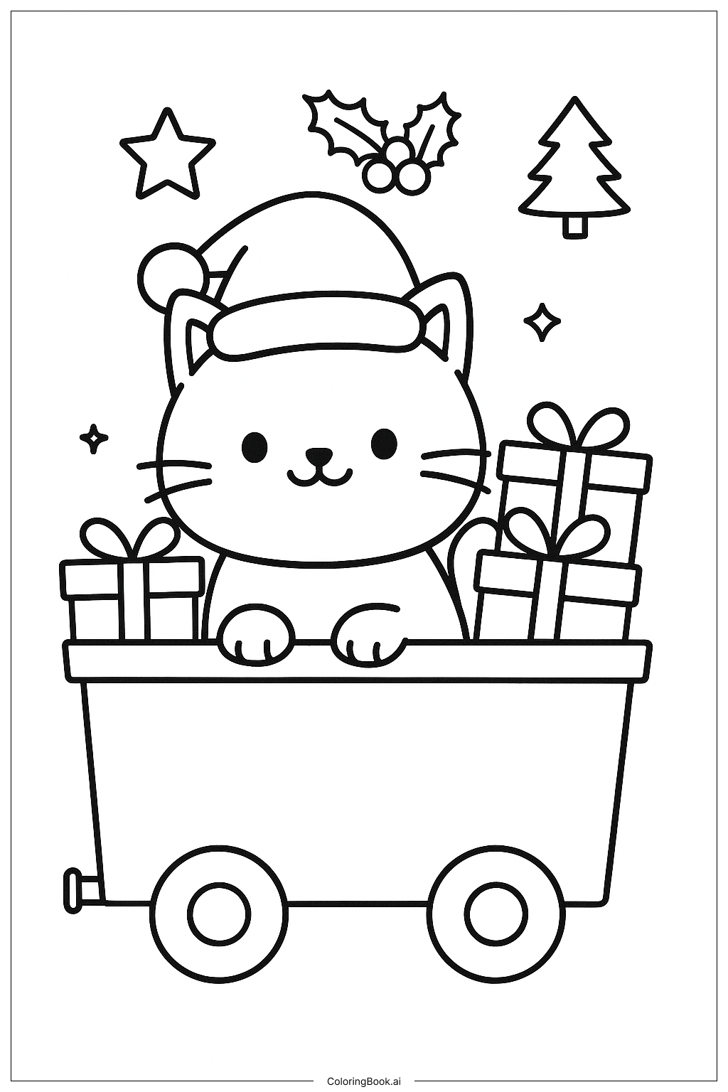 Christmas Cat Riding Toy Train Coloring Page (Free PDF&PNG Printable)