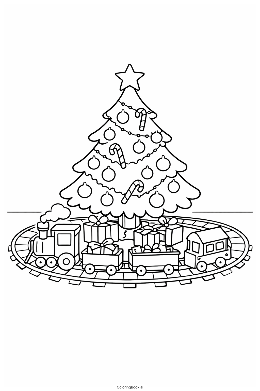 Christmas Train Around Tree Coloring Page (Free PDF&PNG Printable)