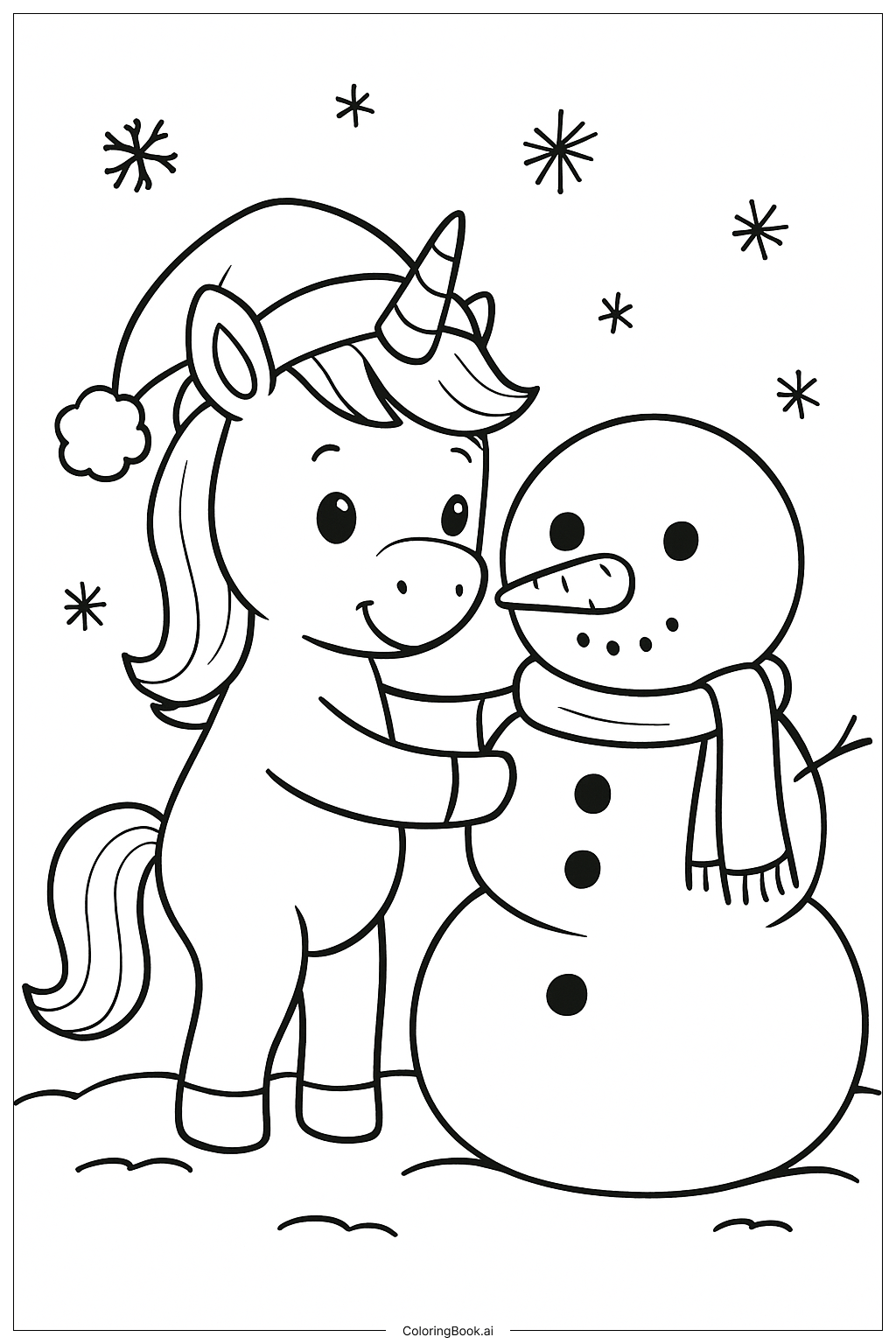 Christmas Unicorn Building Snowman Coloring Page (Free PDF&PNG Printable)
