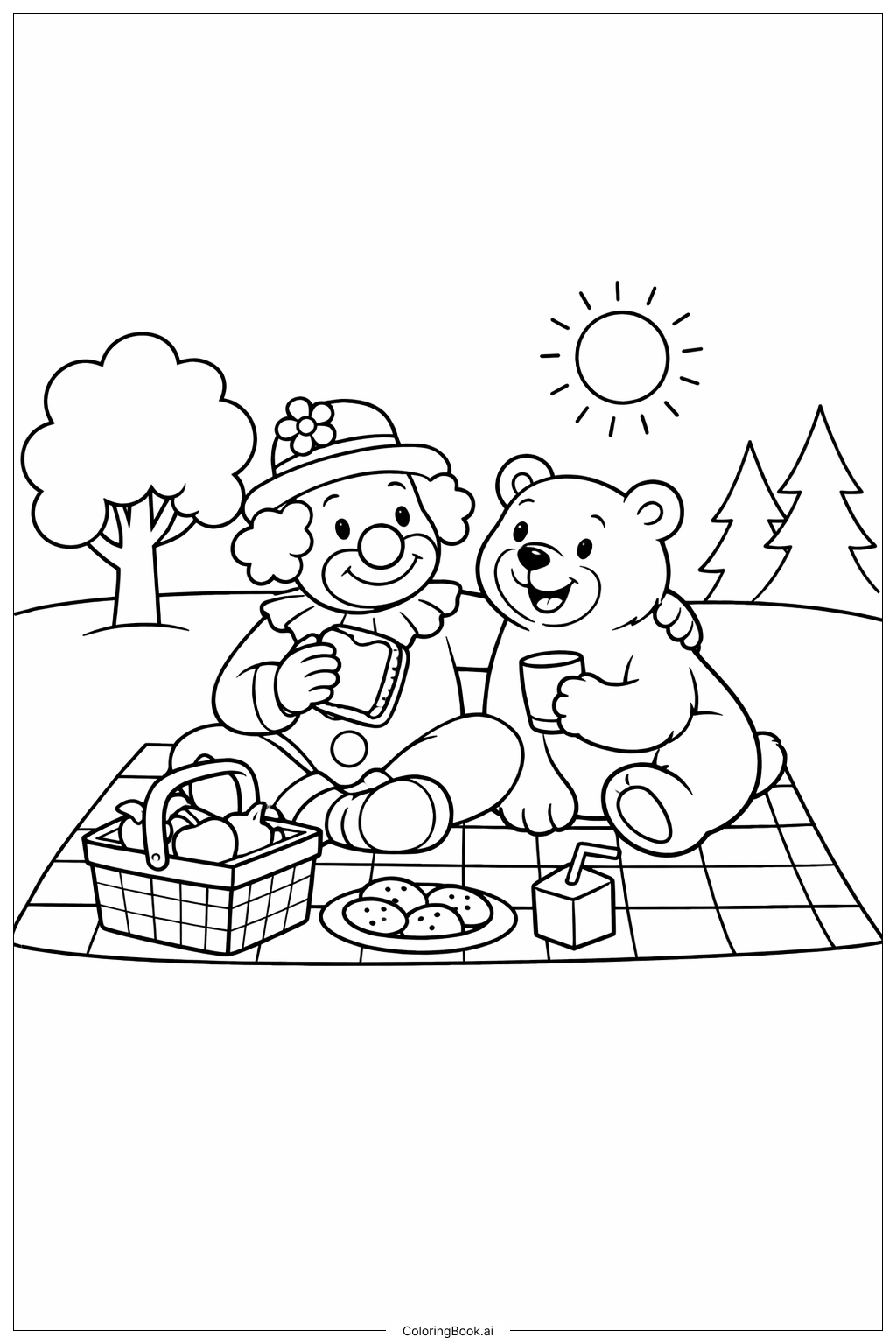 Clown With Friendly Bear Coloring Page (Free PDF&PNG Printable)