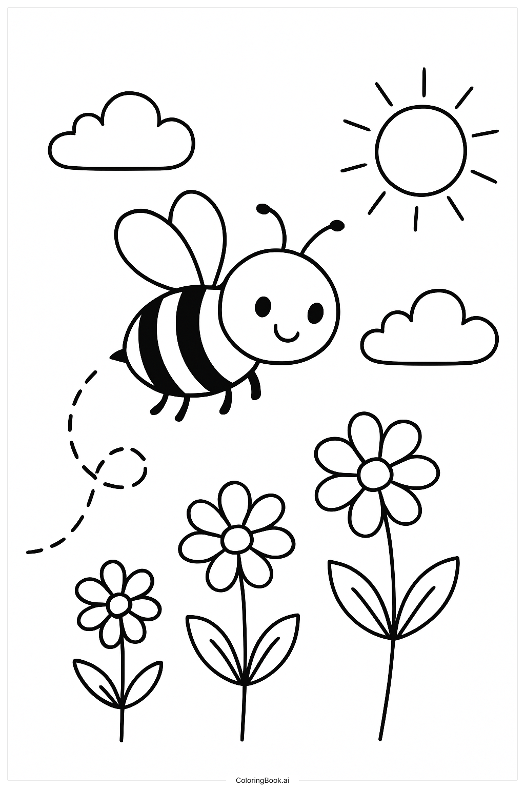 Cute Bee And Flowers Coloring Page (Free PDF&PNG Printable)
