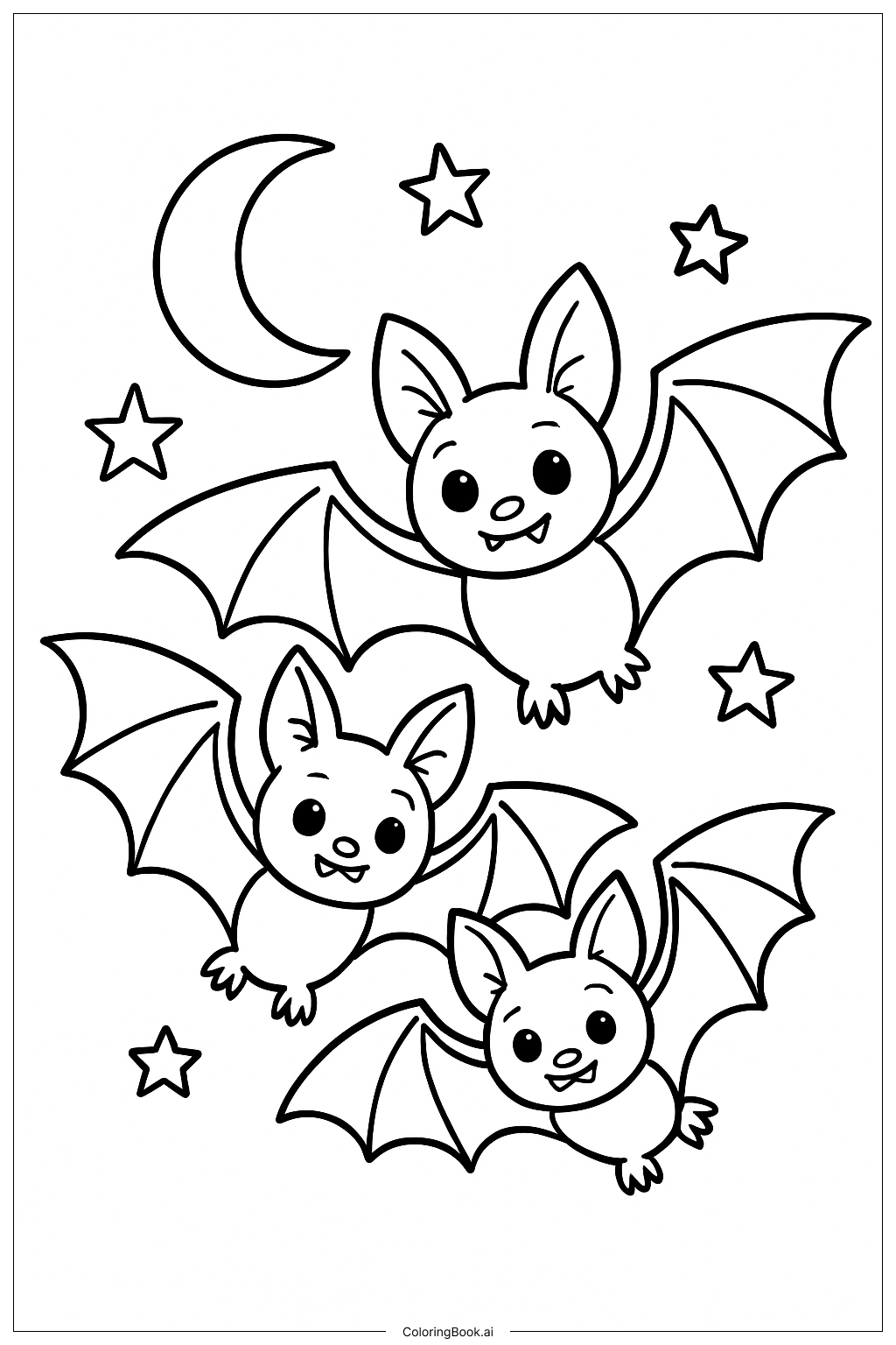 Cute Halloween Bat Family Night Sky Coloring Page (Free PDF&PNG Printable)