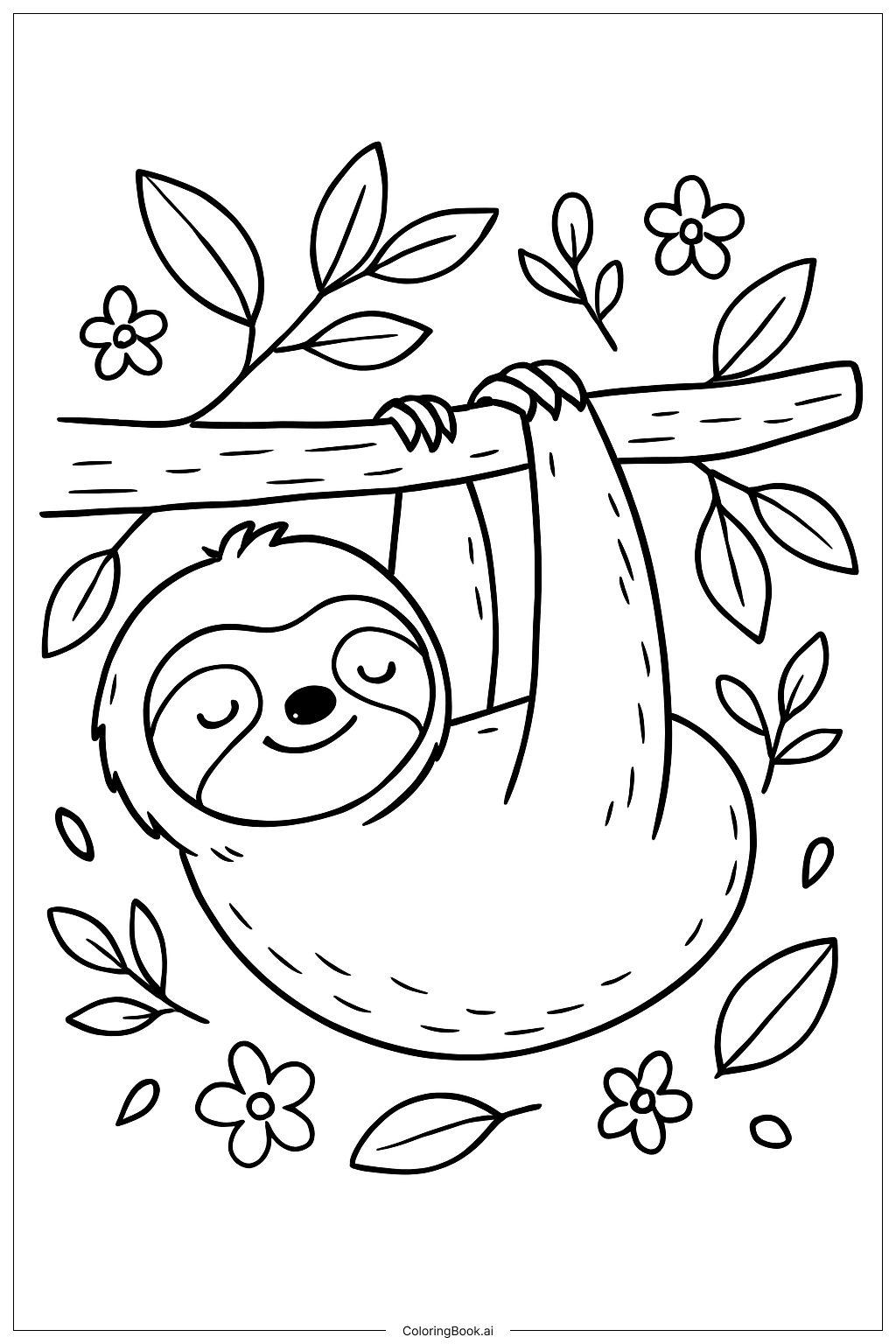 Cute Sloth Hanging Branch Coloring Page (Free PDF&PNG Printable)