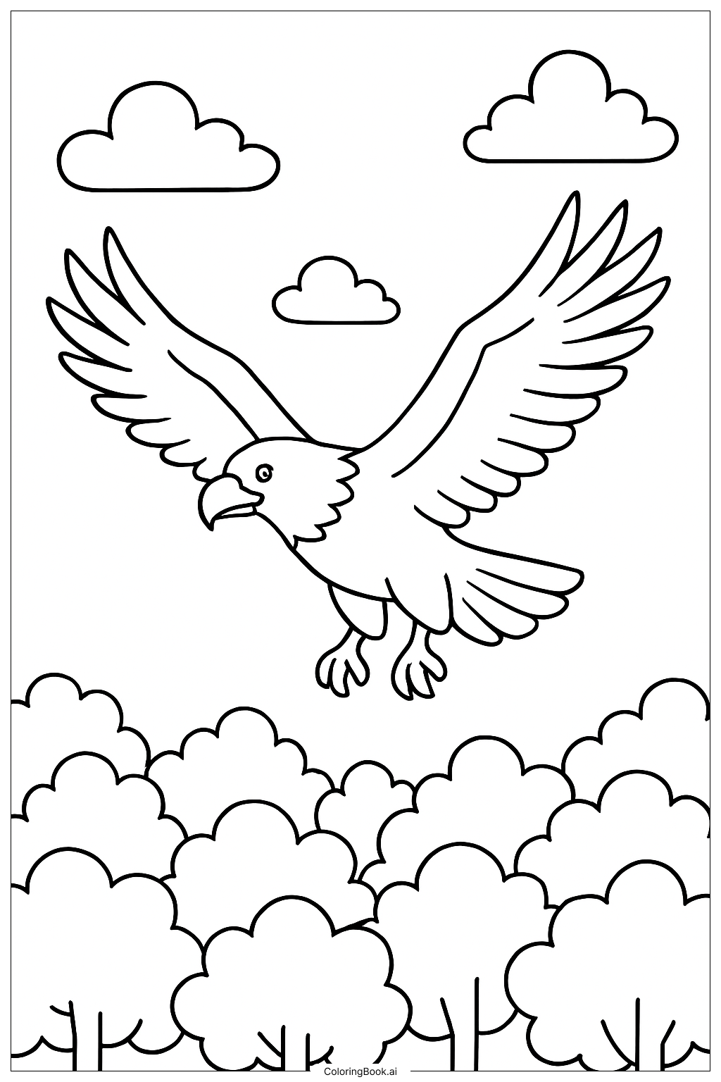 Eagle Flying Over Forest Coloring Page (Free PDF&PNG Printable)