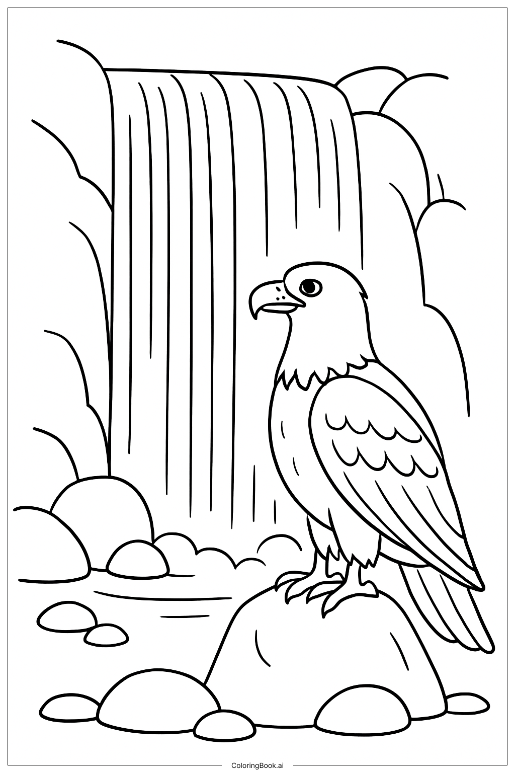 Eagle Near Waterfall Coloring Page (Free PDF&PNG Printable)