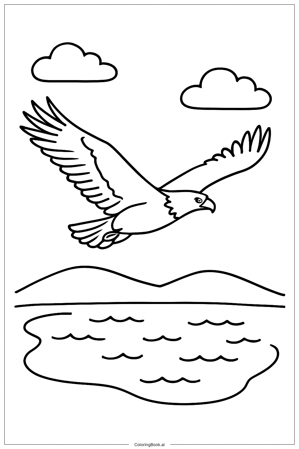 Eagle Soaring Above Lake Coloring Page (Free PDF&PNG Printable)