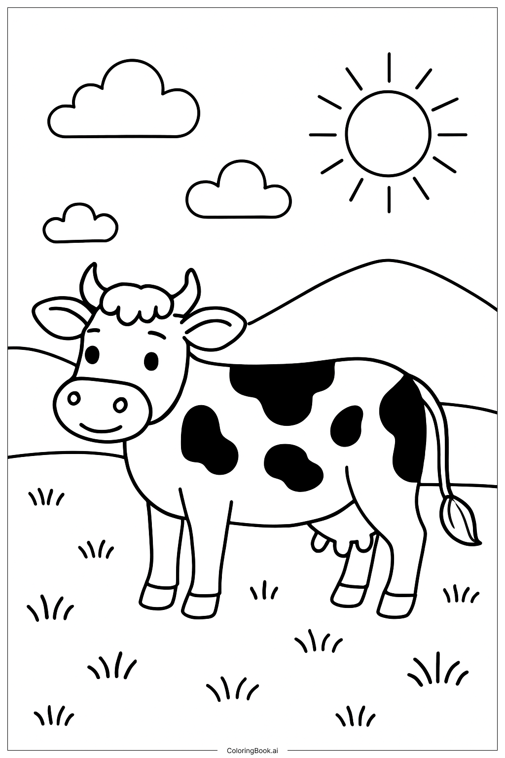 Farm Animal Cow In Meadow Coloring Page (Free PDF&PNG Printable)