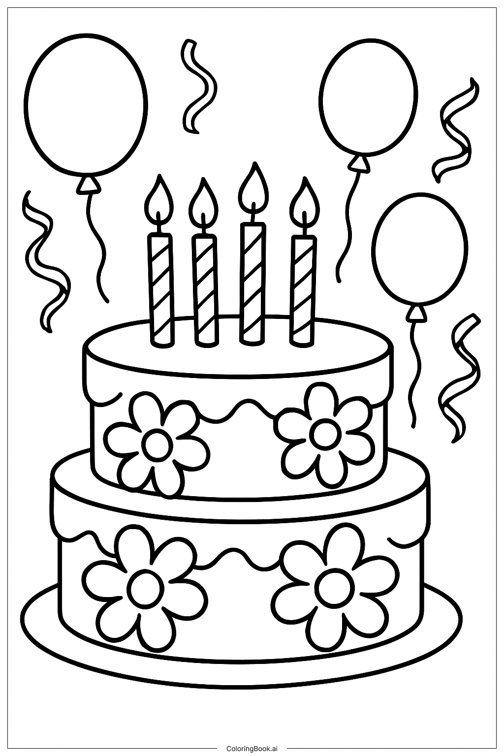 Page de coloriage Gâteau d'anniversaire floral (PDF & PNG imprimables ...