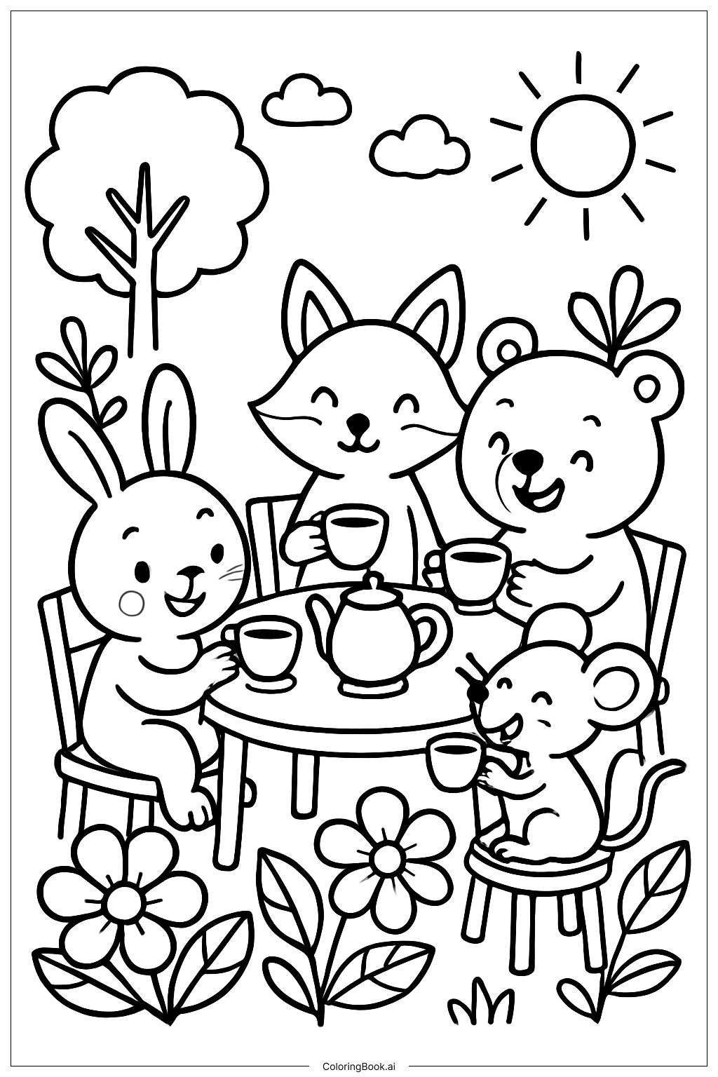 Floral Tea Party Coloring Page (Free PDF&PNG Printable)