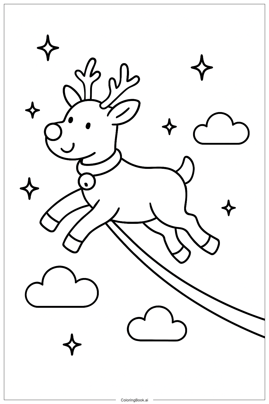 Flying Christmas Reindeer Coloring Page (Free PDF&PNG Printable)