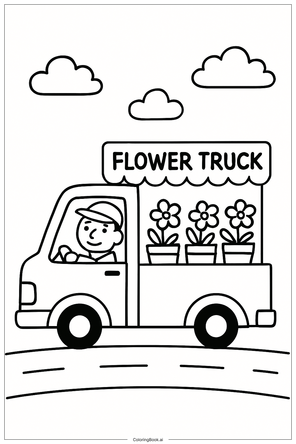 Friendly Flower Truck Coloring Page (Free PDF&PNG Printable)