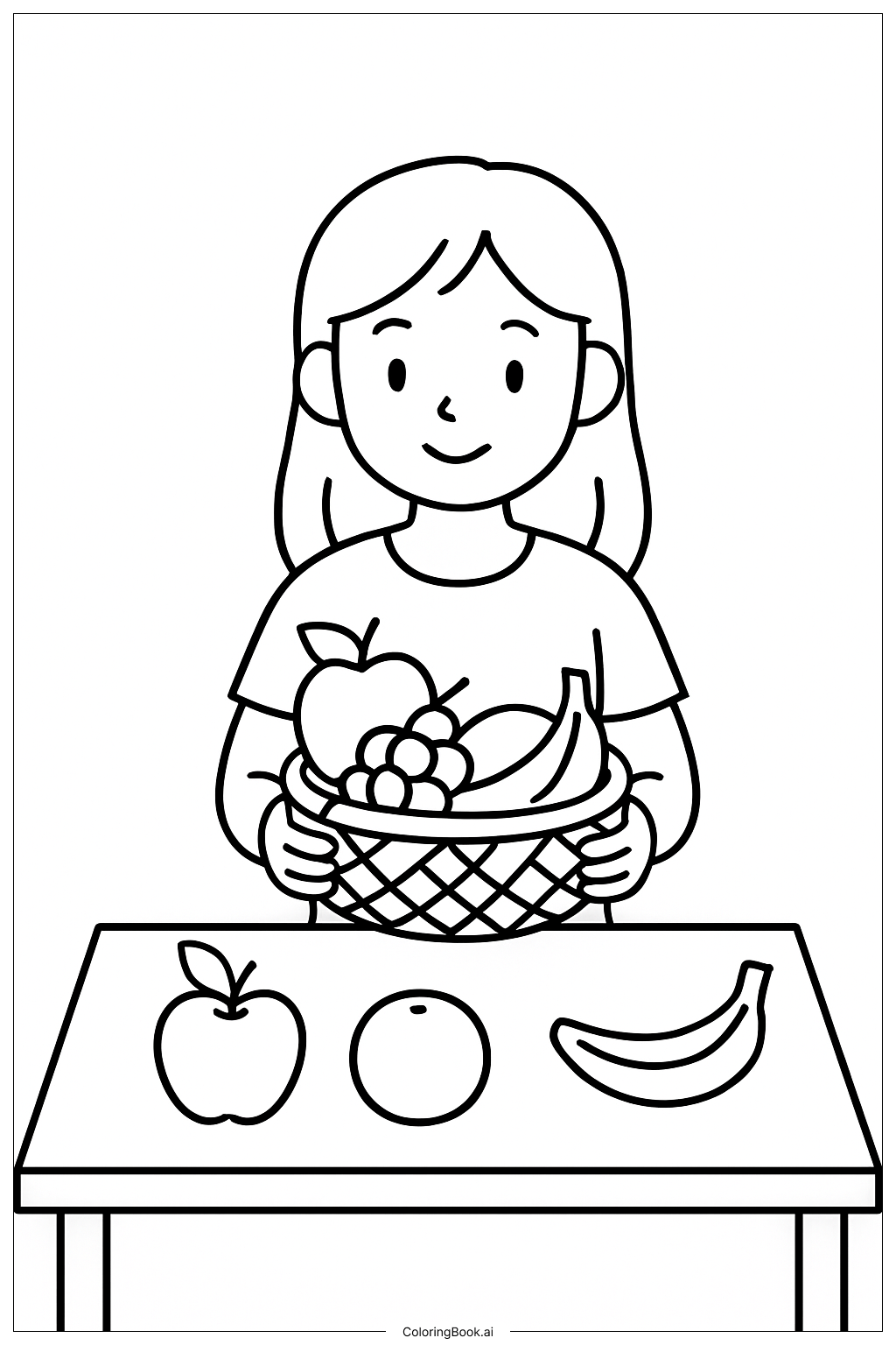 Girl With Fruit Basket Coloring Page (Free PDF&PNG Printable)