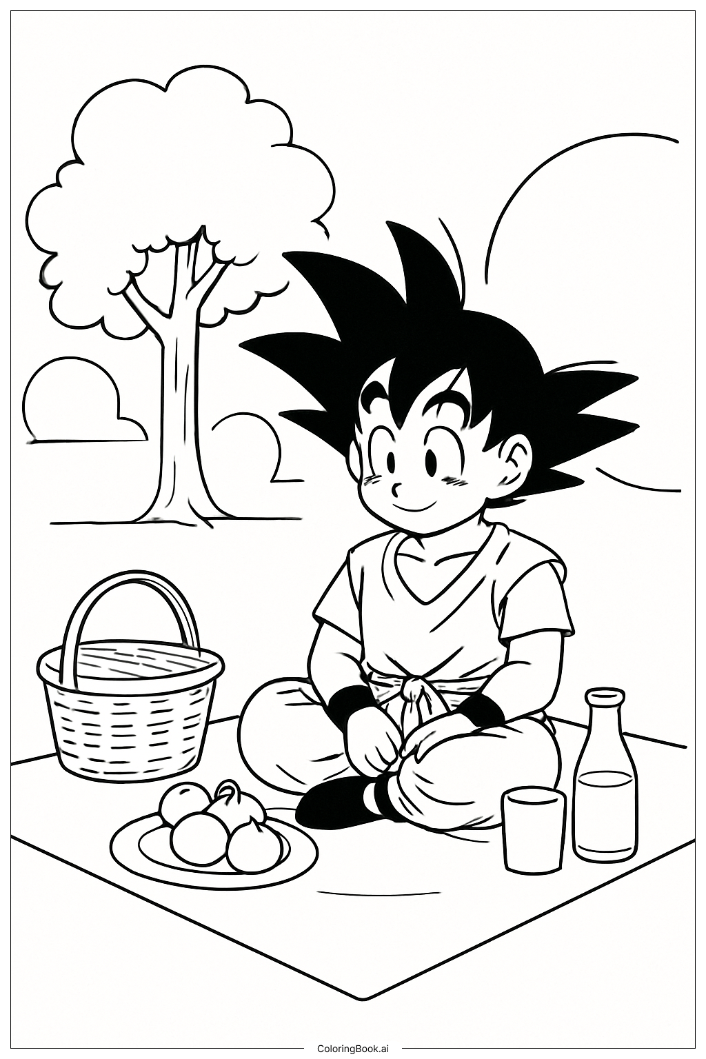 Goku beim Picknickessen Ausmalbild (Kostenloses PDF & PNG zum Ausdrucken)
