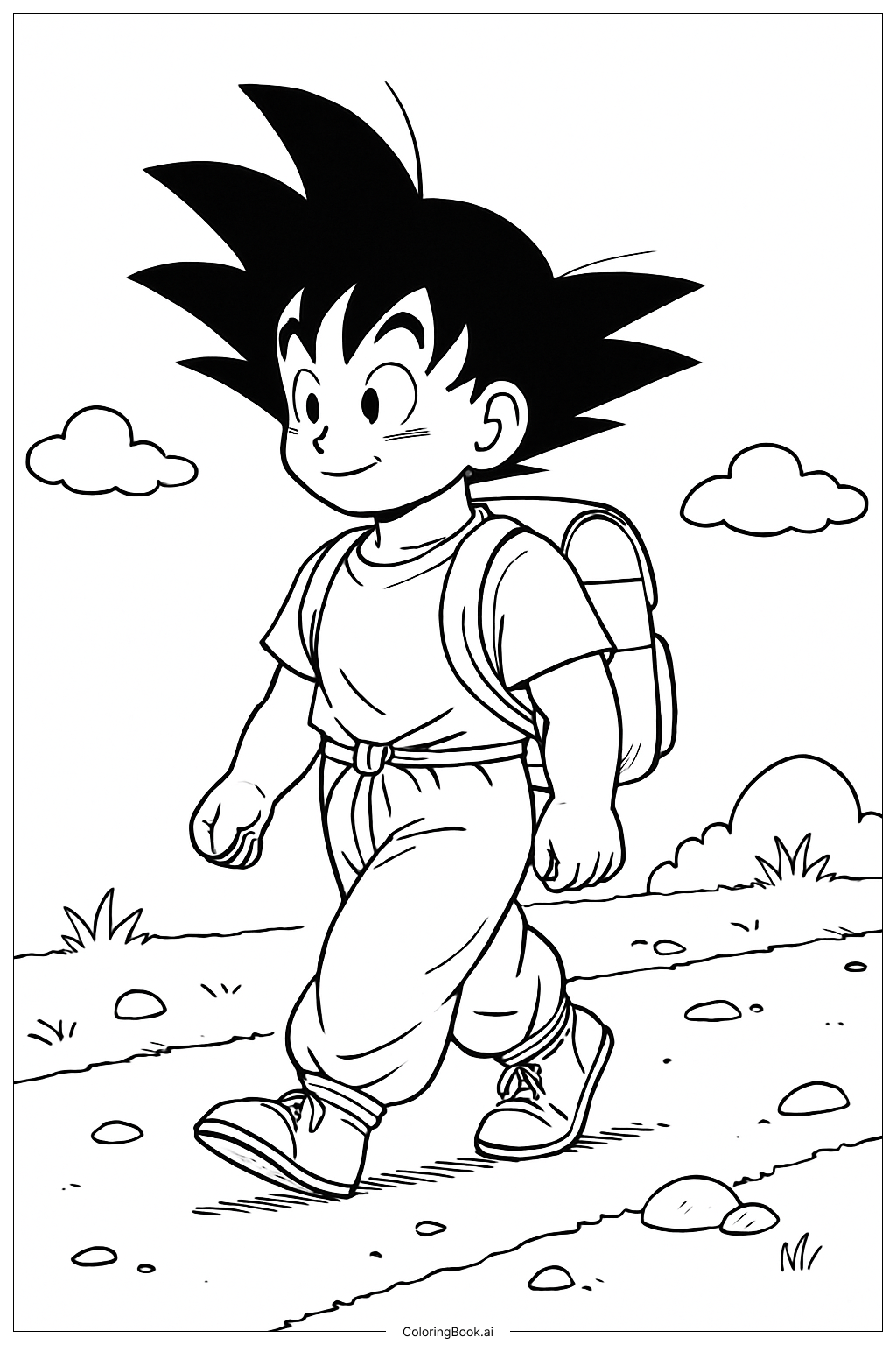 Goku mit Rucksack Ausmalbild (Kostenloses PDF & PNG zum Ausdrucken)