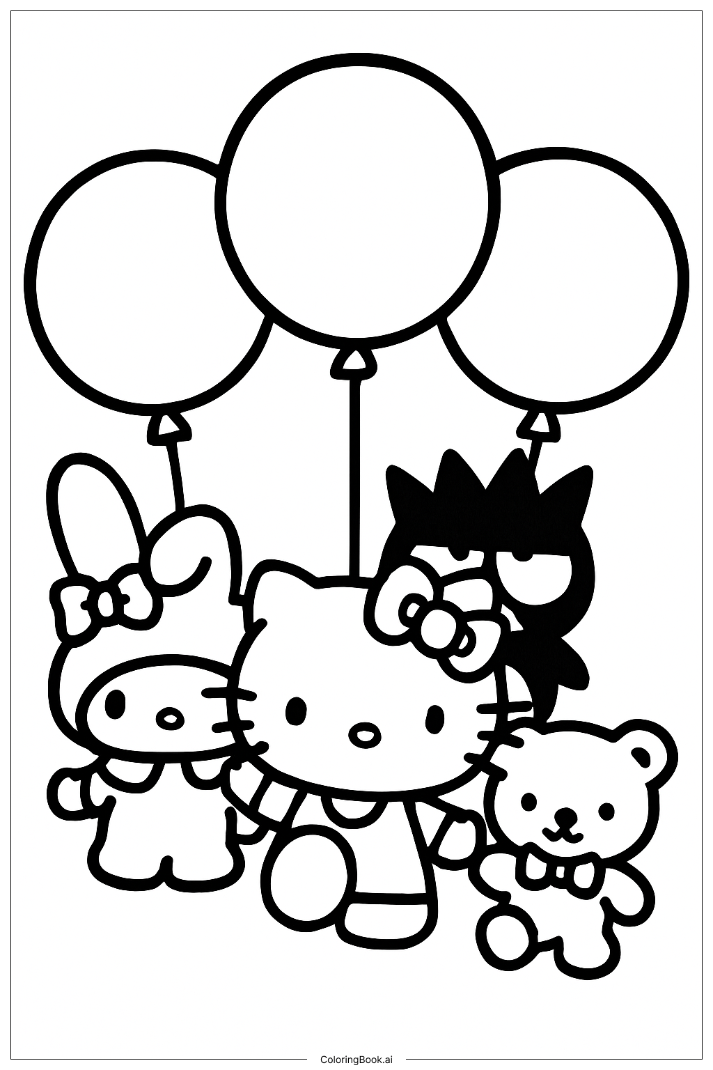 Hello Kitty和朋友们的气球游戏 填色页（免费 PDF&PNG 可打印）