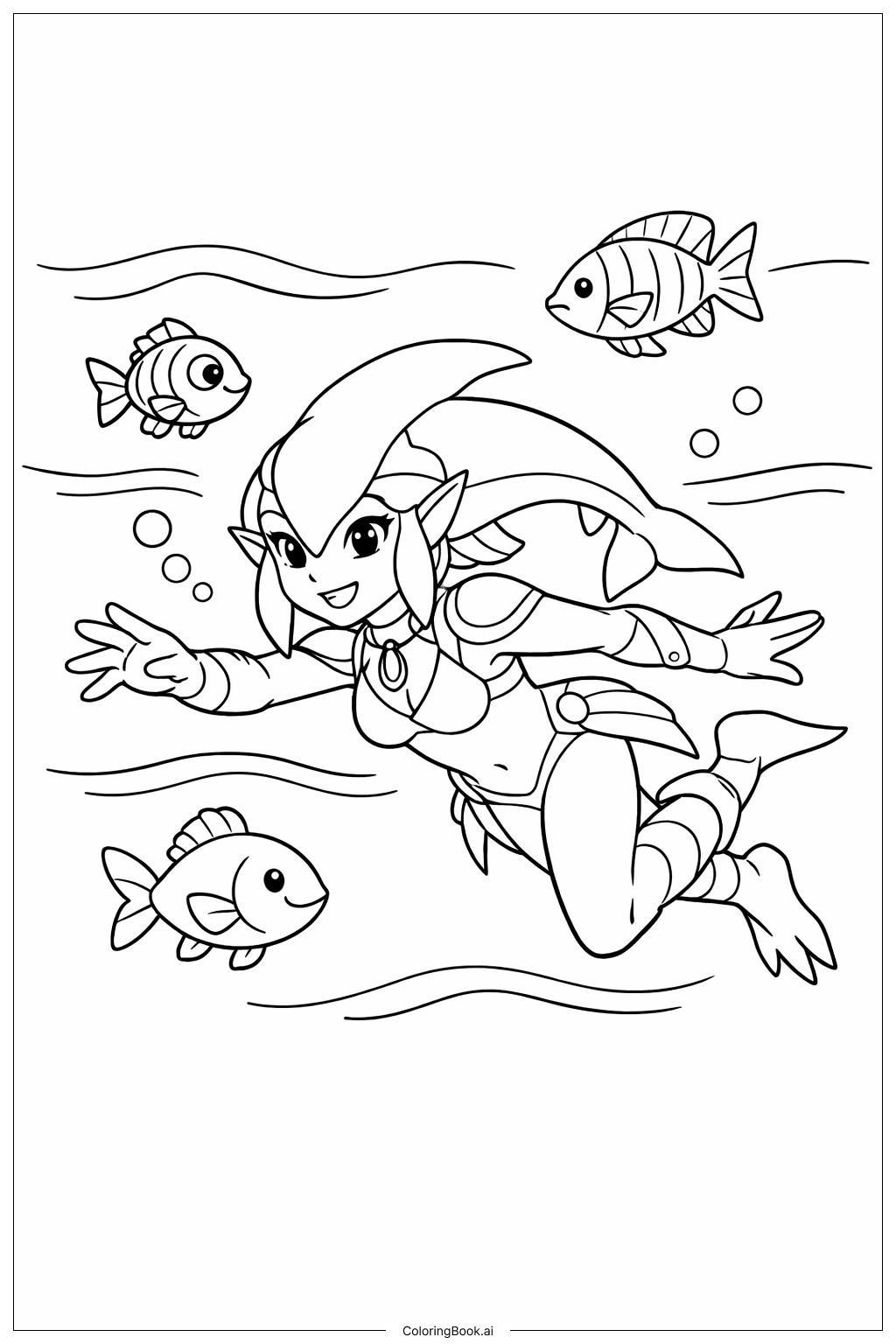 Page de coloriage Légende de Zelda Scène de Natation Zora (PDF & PNG ...