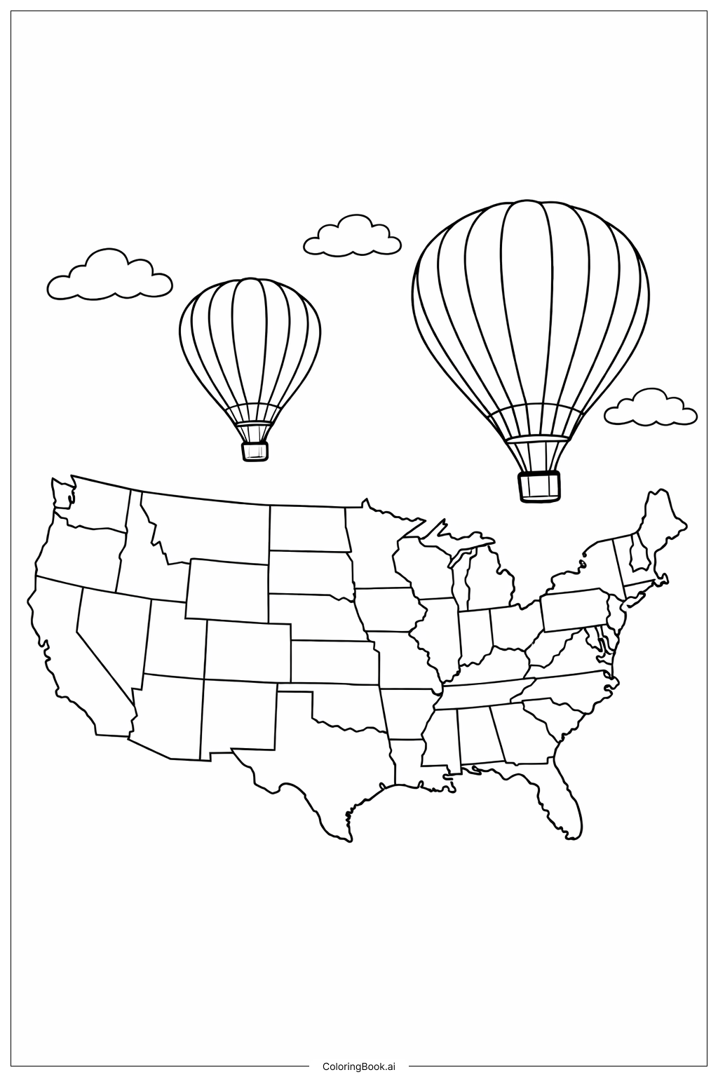 Map Of United States With Hot Air Balloons Coloring Page (Free PDF&PNG ...
