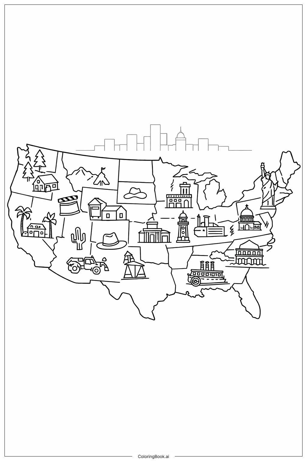 Map Of United States With Simple Buildings Coloring Page (Free PDF&PNG ...