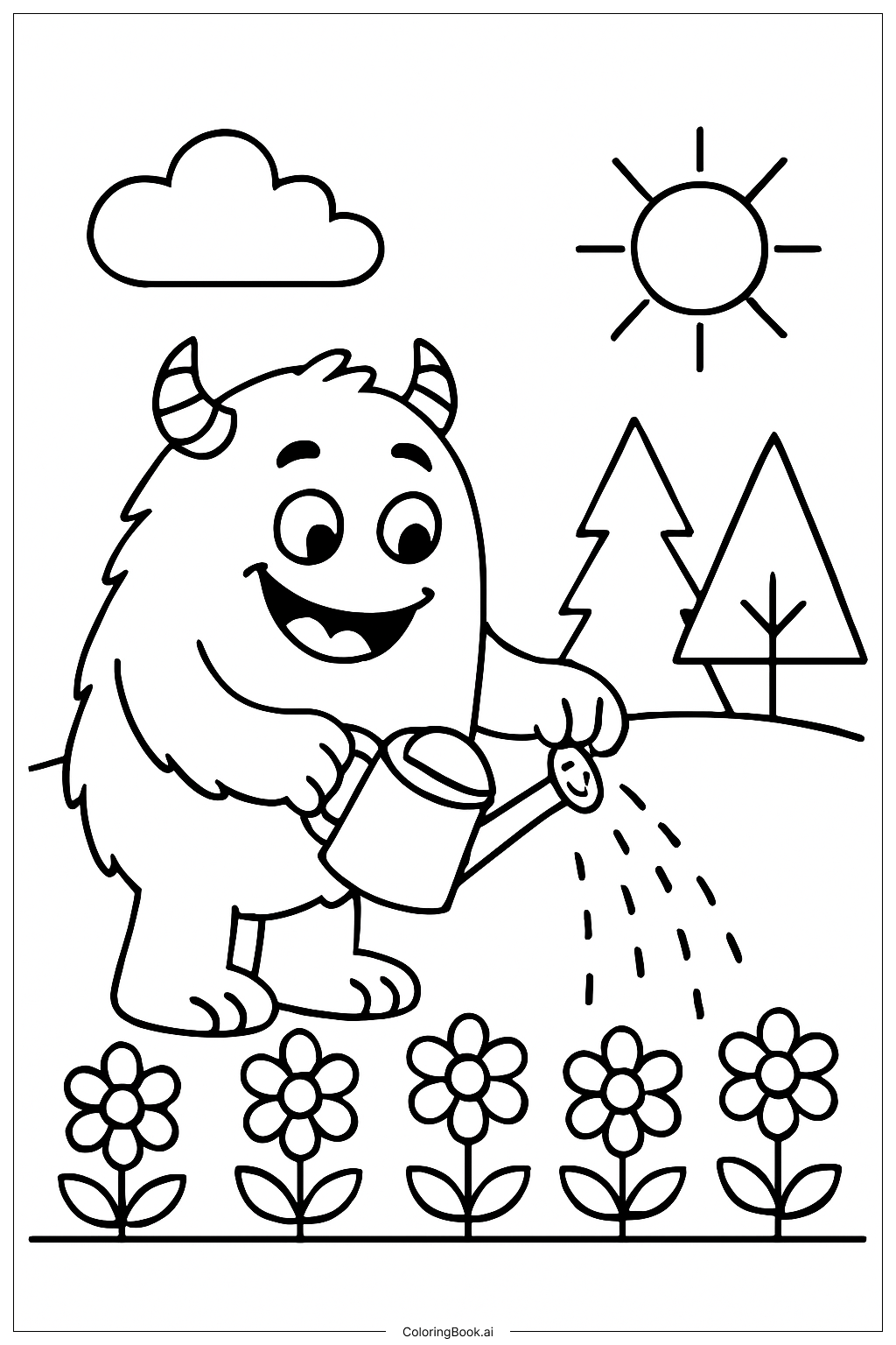 Monster Gardening Flowers Coloring Page (Free PDF&PNG Printable)