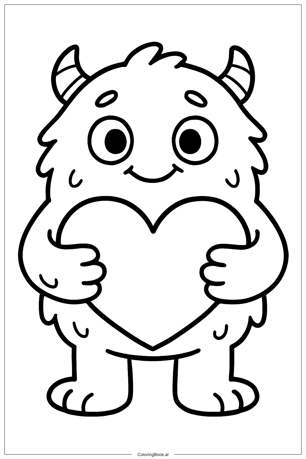 Monster Holding Heart Coloring Page (Free PDF&PNG Printable)