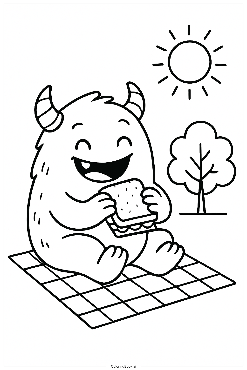 Monster Picnic Friends Coloring Page (Free PDF&PNG Printable)