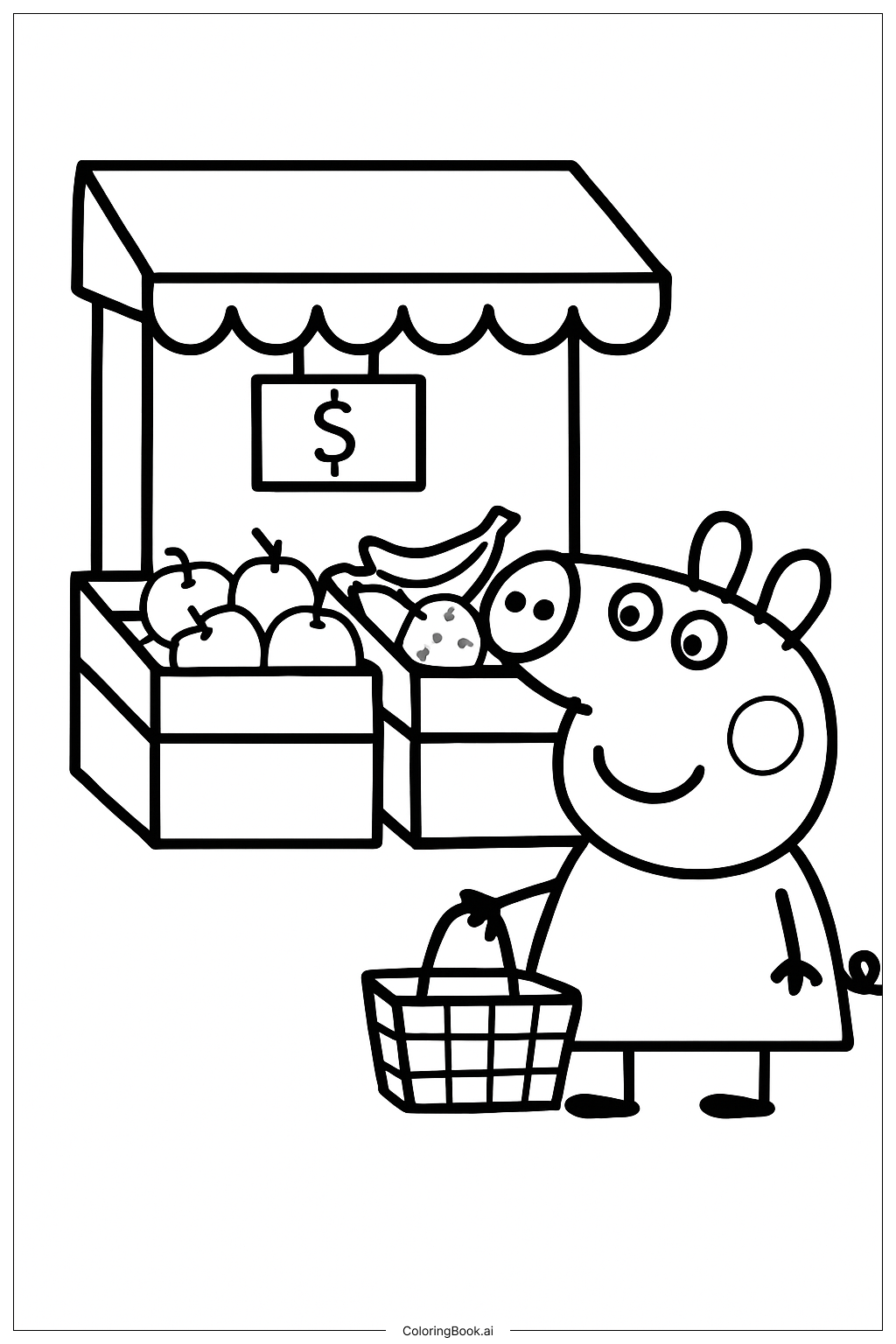 Peppa Pig Shopping At Market Coloring Page (Free PDF&PNG Printable)