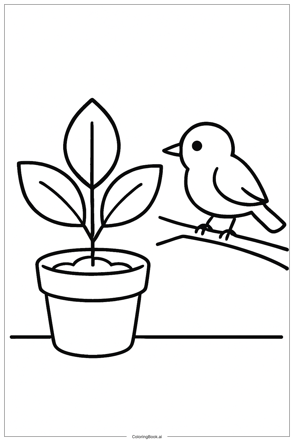 Plant and Little Bird Coloring Page (Free PDF&PNG Printable)