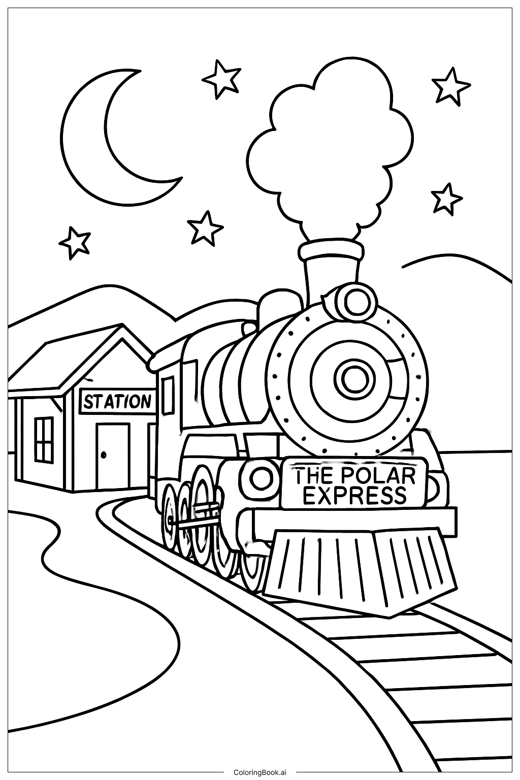 Polar Express Under Stars Coloring Page (Free PDF&PNG Printable)