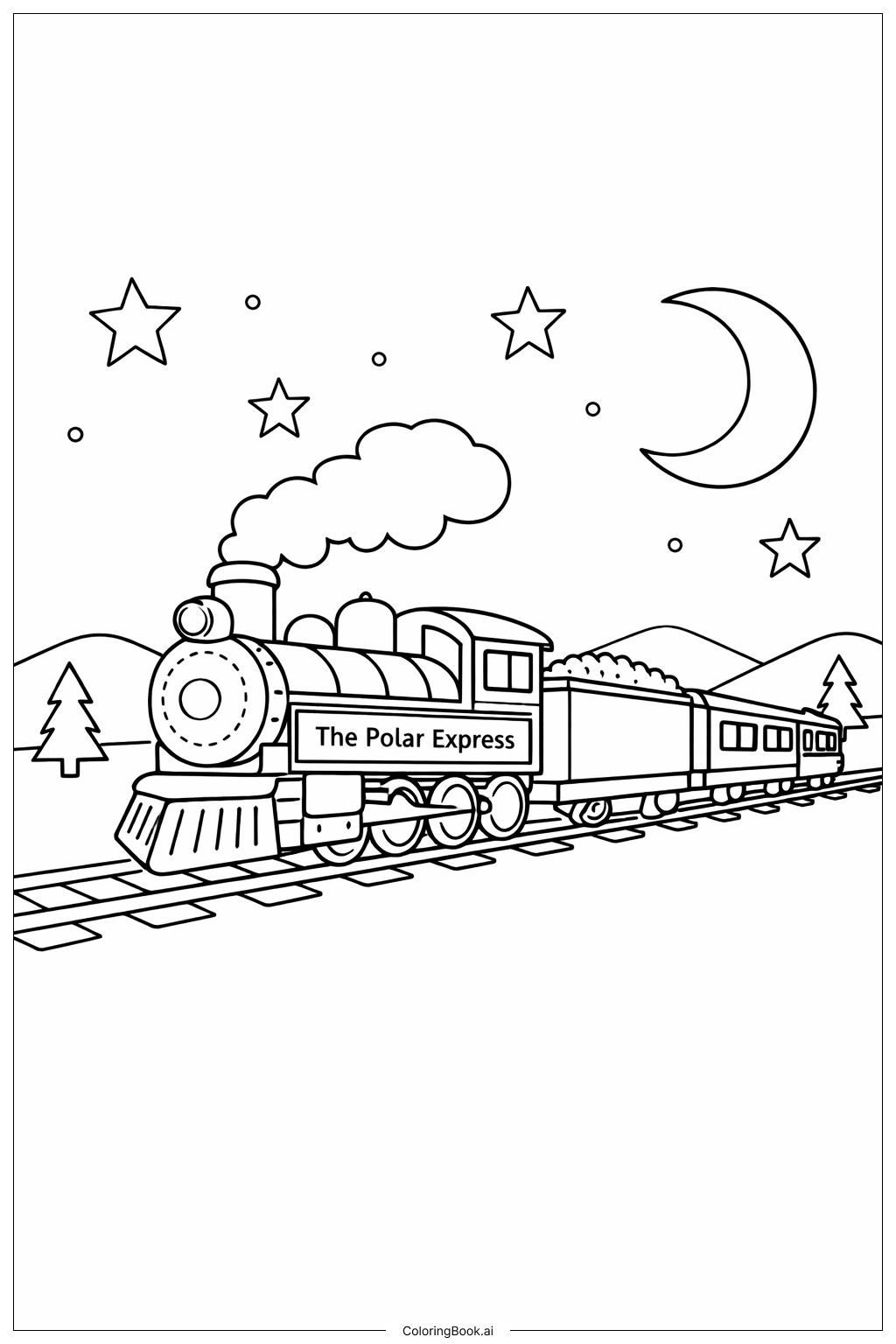 Polar Express Under Stars Coloring Page (Free PDF&PNG Printable)